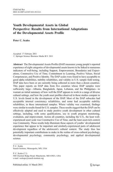 Pdf Youth Developmental Assets In Global Perspective Results From