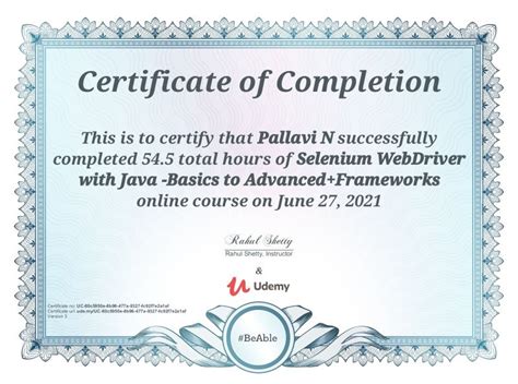 Completed Certificate On Selenium Webdriver With Java Basics To Advancedframeworks Pallavi N