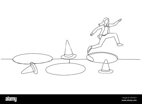 Cartoon Of Business Woman Jump Pass Many Pitfalls To Achieve Metaphor