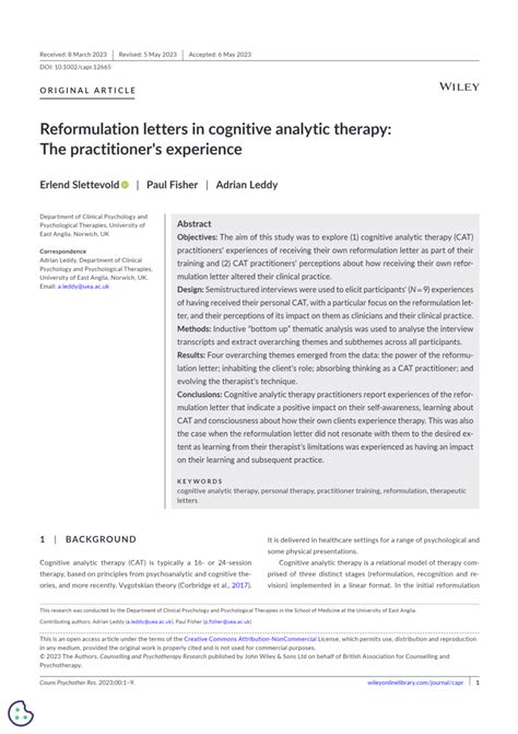 Pdf Reformulation Letters In Cognitive Analytic Therapy The