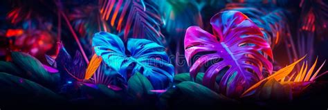 Realistic Tropical Leaves With Neon Glow Generative Ai Stock