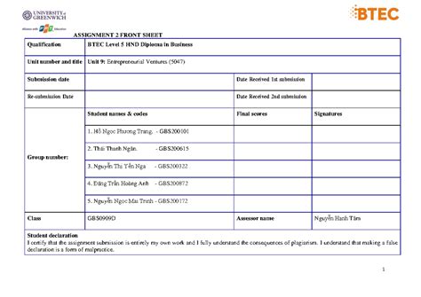 Asm1 Group Pass Assignment 2 Front Sheet Qualification Btec Level 5