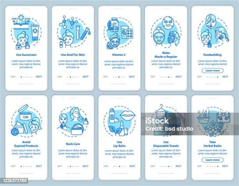스키케어 온보딩 모바일 앱 페이지 화면 과 개념 화장품 피부과 및 화장품 연습 5 단계 그래픽 지침 Rgb 색상 일러스트레이션이 있는 Ui 벡터 템플릿 개념에 대한 스톡