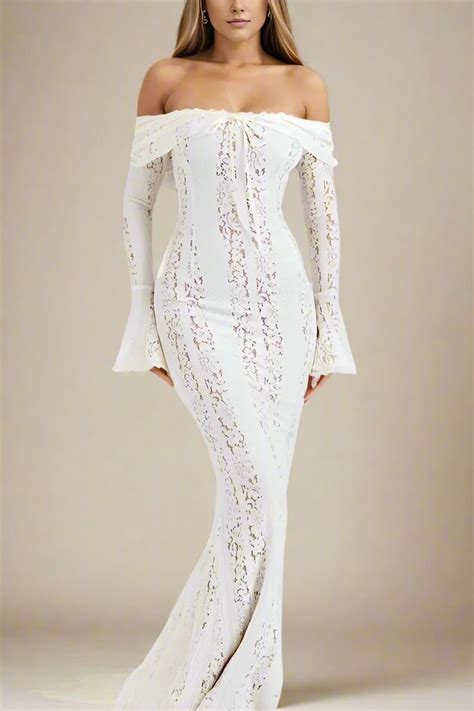 White Pearl Rose Long Sleeve Bodycon Maxi Dress Womens Dresses