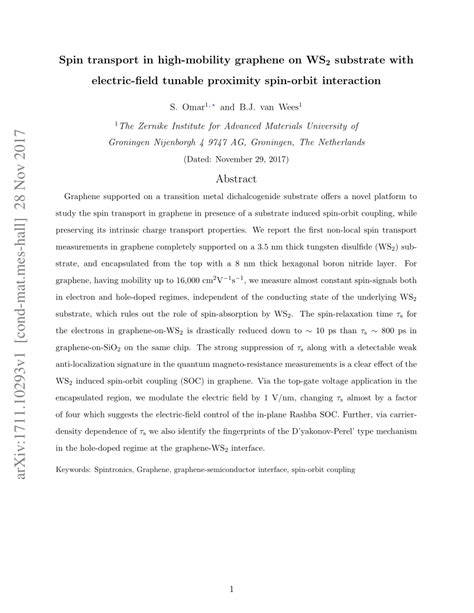 Pdf Spin Transport In High Mobility Graphene On Ws2 Substrate With Electric Field Tunable