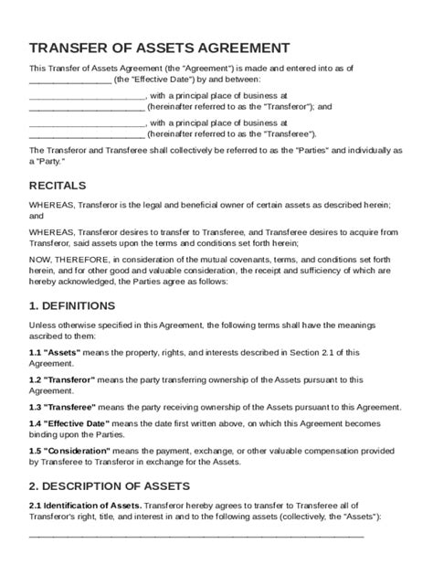 Transfer Of Assets Agreement Template Form Fill Out And Sign