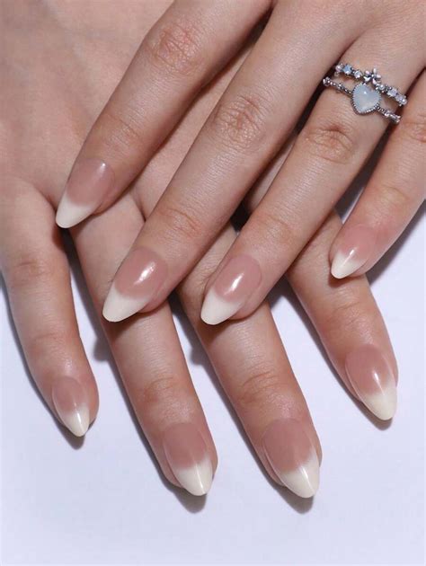 24pcsset Short Almond Shape French Nail Art Tips With Gradient Nude