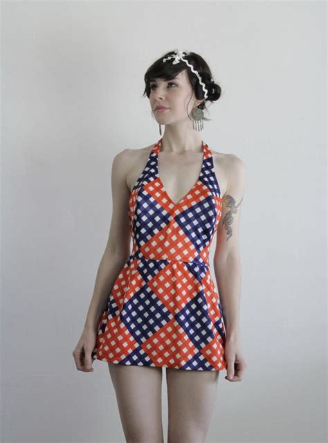 Vintage 60s Swimsuit Check Print 1960s Beach Wear By Veravague 9500