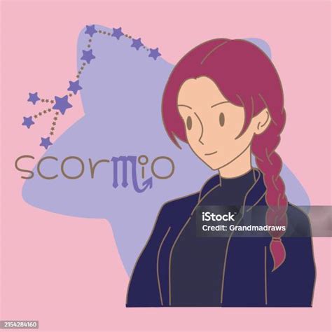 땋은 머리를 가진 여자 전갈 자리 조디악 점성술 기호 별자리 단어 및 별 손으로 그린 평면 만화 캐릭터 벡터 일러스트 땋은 머리에 대한 스톡 벡터 아트 및 기타 이미지