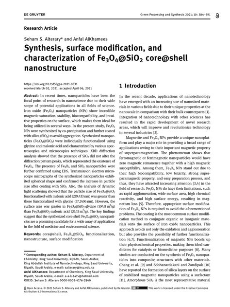 Pdf Synthesis Surface Modification And Characterization Of Fe3o4 Sio2 Core Shell Nanostructure