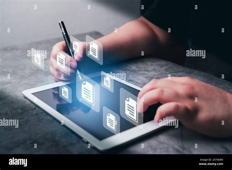 Woman Use Digital Tablet For Online Document Management System Dms Concept Ftp File Transfer