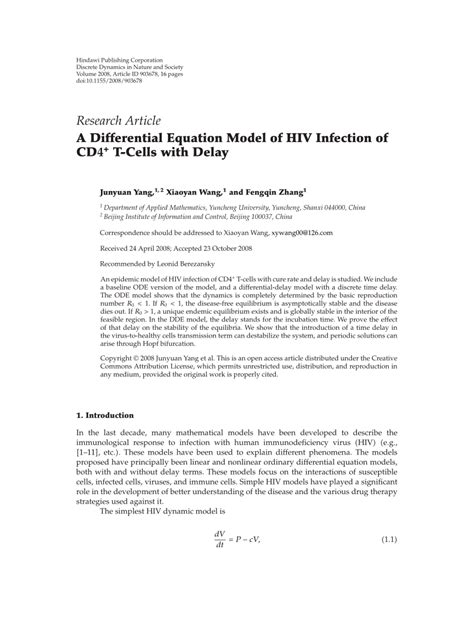 Pdf A Differential Equation Model Of Hiv Infection Of Cd 4 T Cells