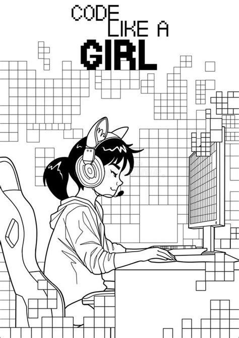 Asian Girl Gamer Or Streamer With A Headset Sits In Front Of A Computer Stock Vector