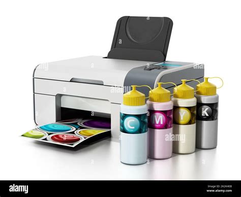 Cmyk Ink Filling Bottles And Inkjet Printer 3d Illustration Stock