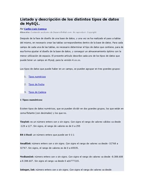 Listado Y Descripción De Los Distintos Tipos De Datos De Mysql Pdf