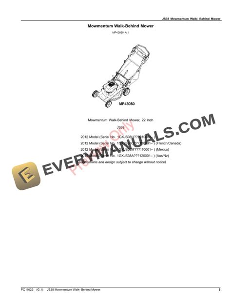 John Deere Js38 Mowmentum Walk Behind Mower Parts Catalog Pc11022 04nov22