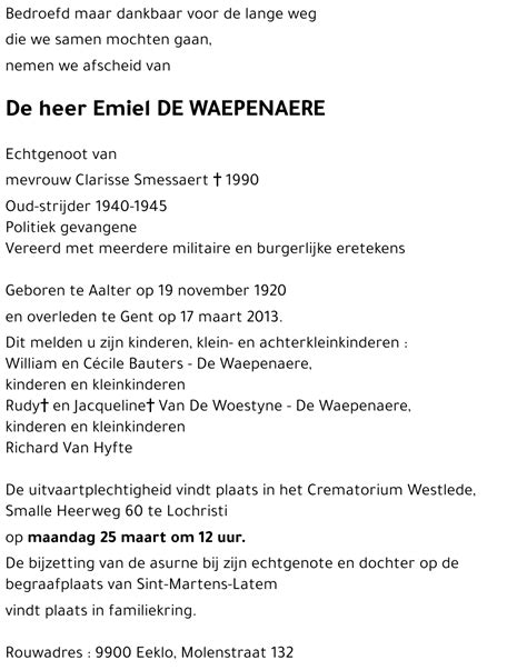 Avis De Décès De Emiel De Waepenaere Décédé Le 17 03 2013 à Gent Annonce Condoléances Fleurs