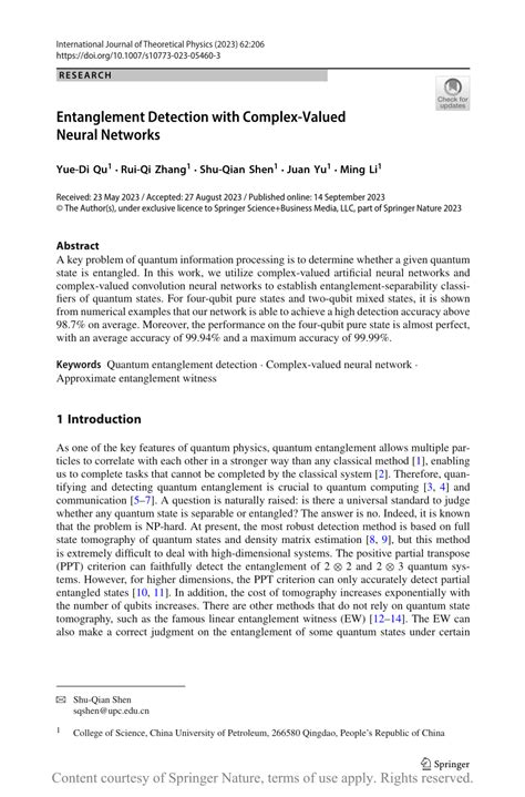 Entanglement Detection With Complex Valued Neural Networks Request Pdf