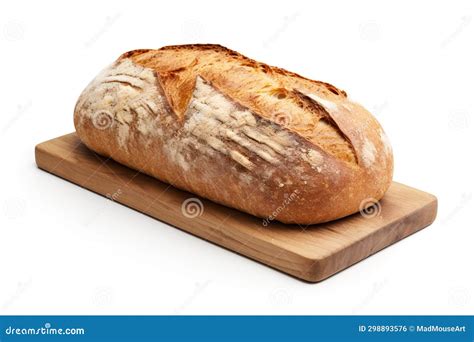 Loaf Of Bread On A Cutting Board Isolated On White Background Stock