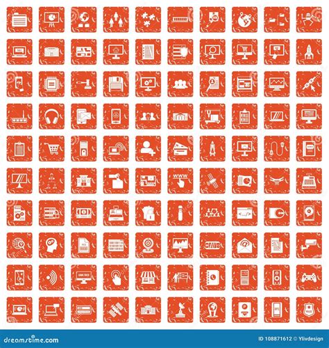 100 Database Icons Set Grunge Orange Stock Vector Illustration Of