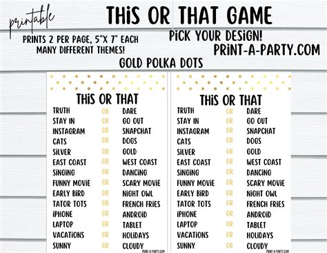 This Or That Game Printable Multiple Design Options Birthday And Par