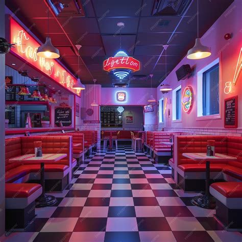 A Nostalgic Retro Burger Joint With Neon Signs And Checkerboard Floors