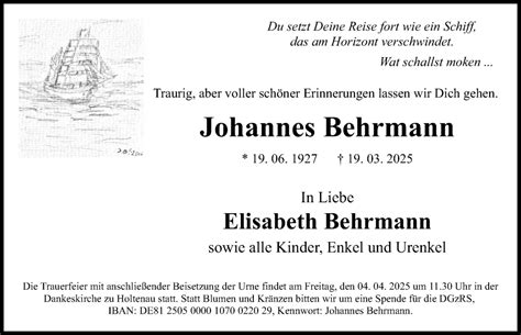 Traueranzeigen Von Johannes Behrmann Trauer Anzeigen De