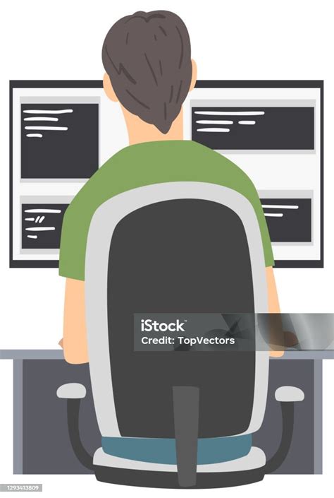 남자 웹 개발자 또는 프로그래머 앉아 컴퓨터 화면 벡터 일러스트 레이션 앞에서 작업 0명에 대한 스톡 벡터 아트 및 기타 이미지