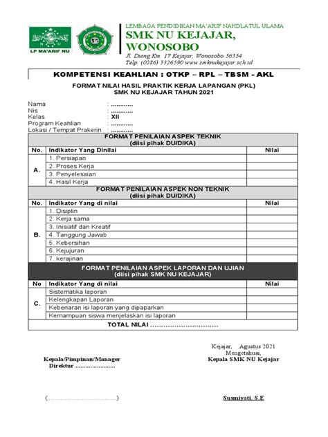 Format Nilai Pkl 2021 Pdf