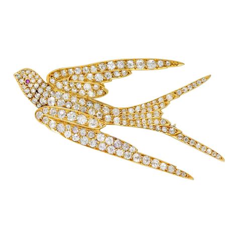 Victorian Silver Set Diamond And Yellow Gold Swallow Brooch For Sale At