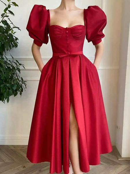 Short Red Satin Prom Dresses Red Tea Length Satin Formal Homecoming D