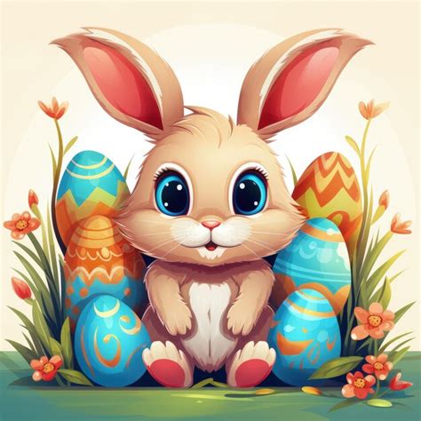 Premium Photo Cute Easter Cartoon Rabbit With Eggs