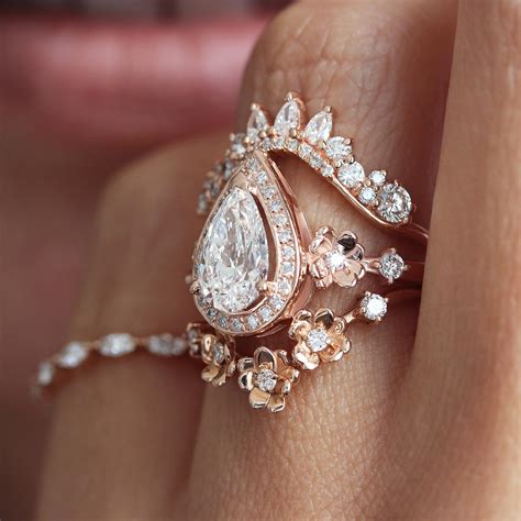 Customizable Curved Stacking Nesting Pear Diamond Wedding Ring