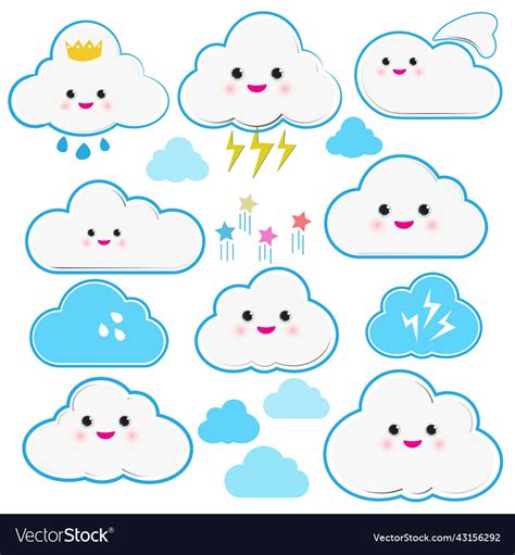 Clouds With Cute Faces On White Background Vector Image