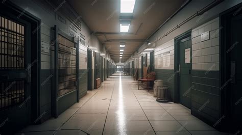 Premium Ai Image A Long Hallway With Green Doors And White Sign That