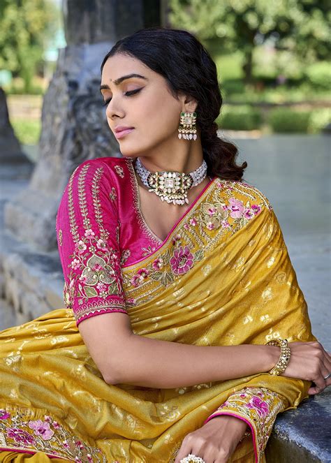 Yellow Banarasi Saree With Embroidery Work Urban Womania