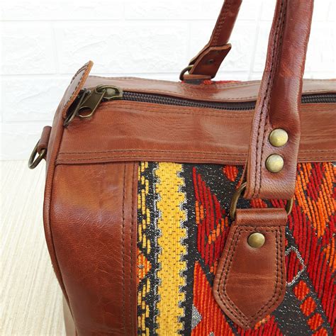 Full Grain Leather Duffle Bag Kilim Travel Bag Moroccan Handmade