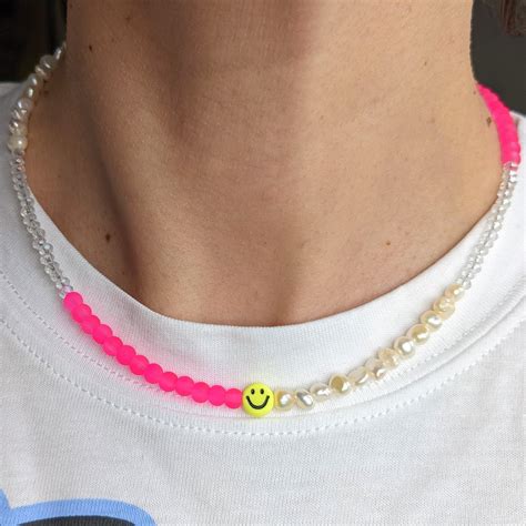 Glass Crystal And Pearl Smiley Necklace
