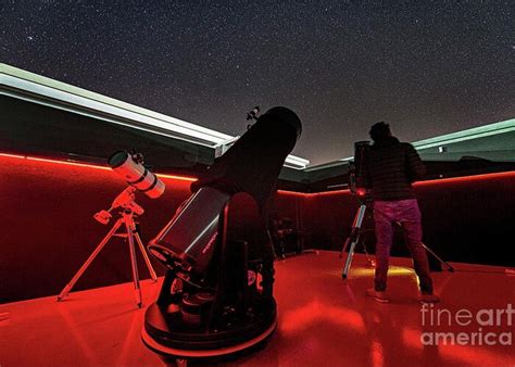 Telescopes And Astronomer At An Observatory At Night Greeting Card By