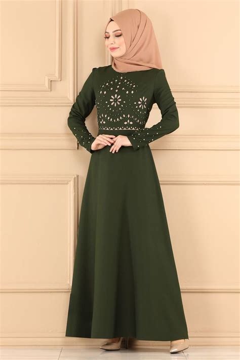 İnci Detaylı Tesettür Elbise Asm2362 Haki Moda Selvim Fashion Style Hijab