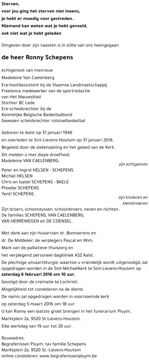 Avis De Décès De Ronny Schepens Décédé Le 31 01 2016 à Sint Lievens Houtem Annonce