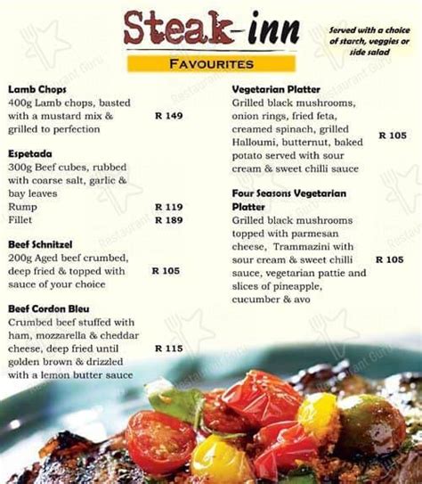 Menu At Steak Inn Restaurant Pretoria