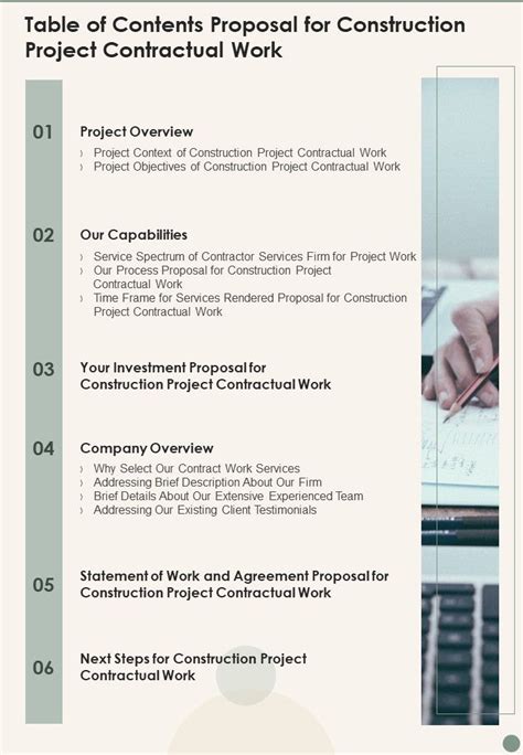 Table Of Contents Proposal For Construction Project Contractual Work One Pa