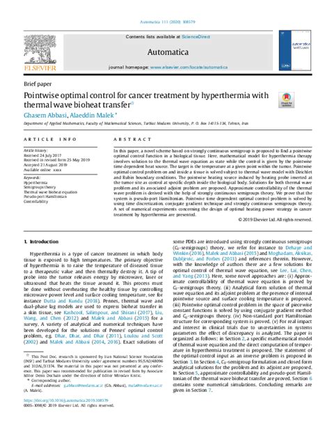 Pdf Pointwise Optimal Control For Cancer Treatment By Hyperthermia