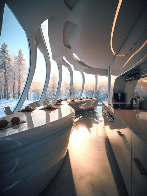 Premium Ai Image A Kitchen With A Large Window That Has A Snow Covered Landscape Outside