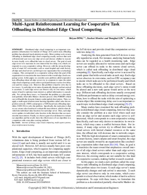Pdf Multi Agent Reinforcement Learning For Cooperative Task Offloading In Distributed Edge