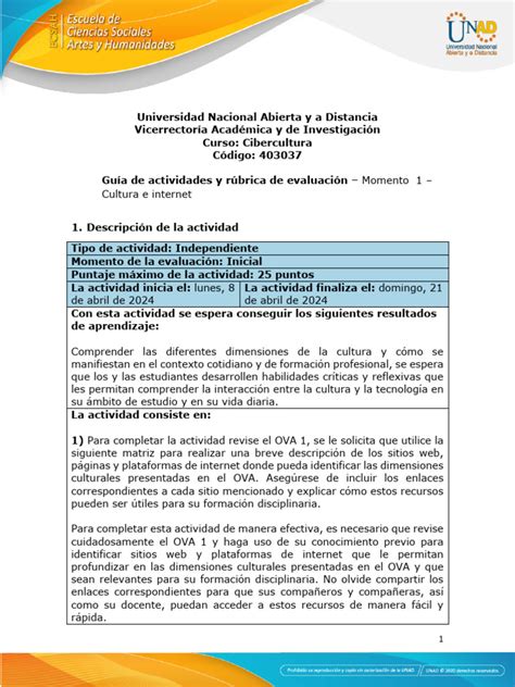 Guía De Actividades Y Rúbrica De Evaluación Momento 1 Cultura E