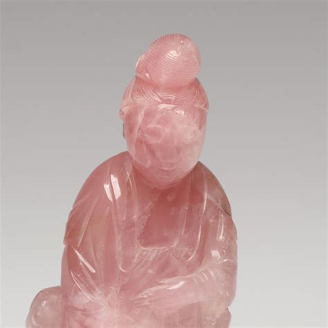 Chinese Carved Rose Quartz Female With Lion Figurine On Wood Stand Ebth