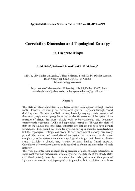 Pdf Correlation Dimension And Topological Entropy In Discrete Maps
