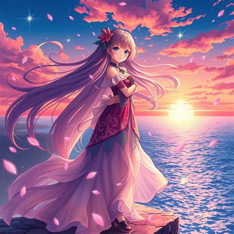 Anime Goddess On The Cliff A Vibrant Sunset Dream